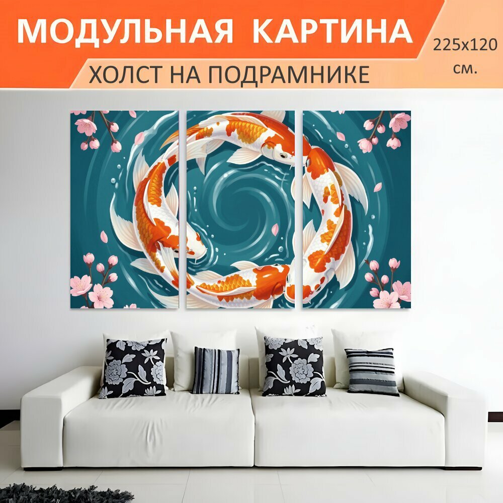 Модульная картина на холсте "Карпы кои среди цветущей сакуры. Яркие японские рыбы кружат в бирюзовой воде, образуя динамичный круг с." триптих на подрамнике 225х120 см. для интерьера
