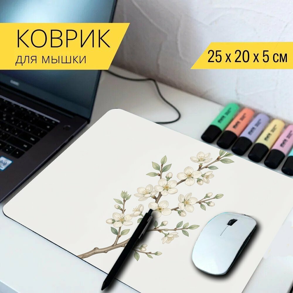 Коврик для мыши с принтом "Цветущая ветка с белыми бутонами. Нежная ботаническая иллюстрация цветущего дерева с кремовыми лепестками и светло-зелёной листвой." 25x20см.
