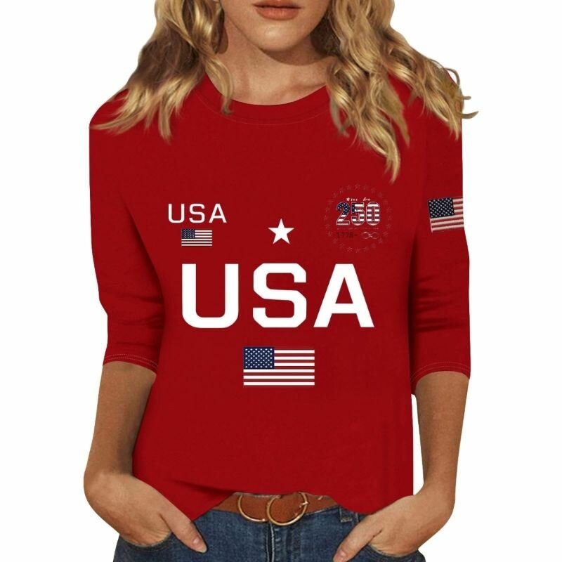 Женская летняя блузка с круглым вырезом и рукавом три четверти в День независимости -винно-красный-L