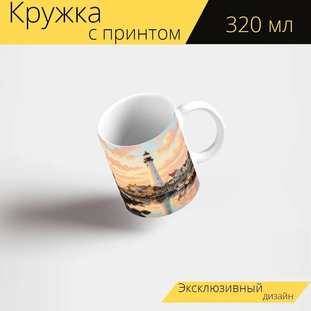 Кружка с рисунком, принтом "Маяк у тихой гавани. Живописный морской берег с высоким белым ориентиром, рыбацкими лодками, домиками и отражениями в воде. Пастельные закатные." 320 мл.