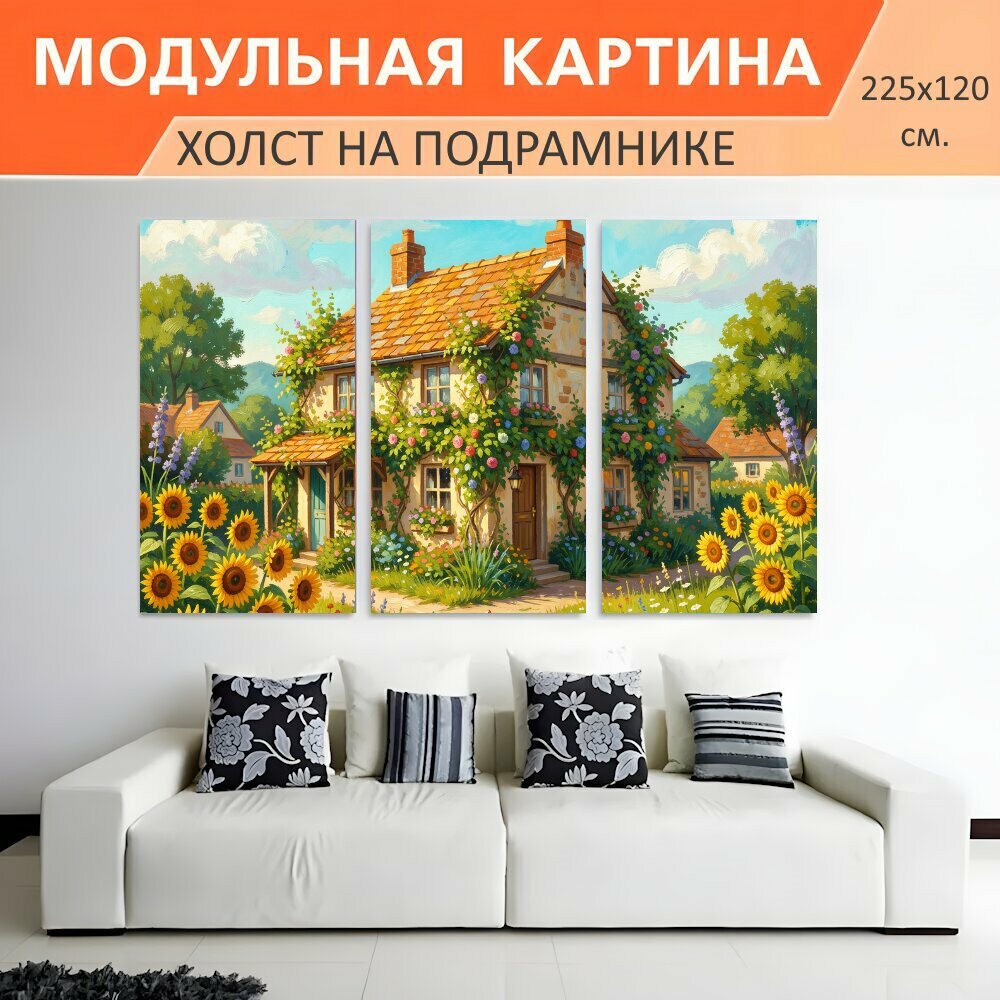 Модульная картина на холсте "Цветущий дом в деревне. Сказочный сельский пейзаж с уютным коттеджем, увитым зеленью и цветами, яркими." триптих на подрамнике 225х120 см. для интерьера