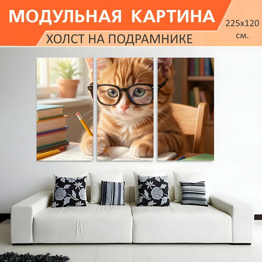 Модульная картина на холсте "Котенок в очках делает уроки" триптих на подрамнике 225х120 см. для интерьера
