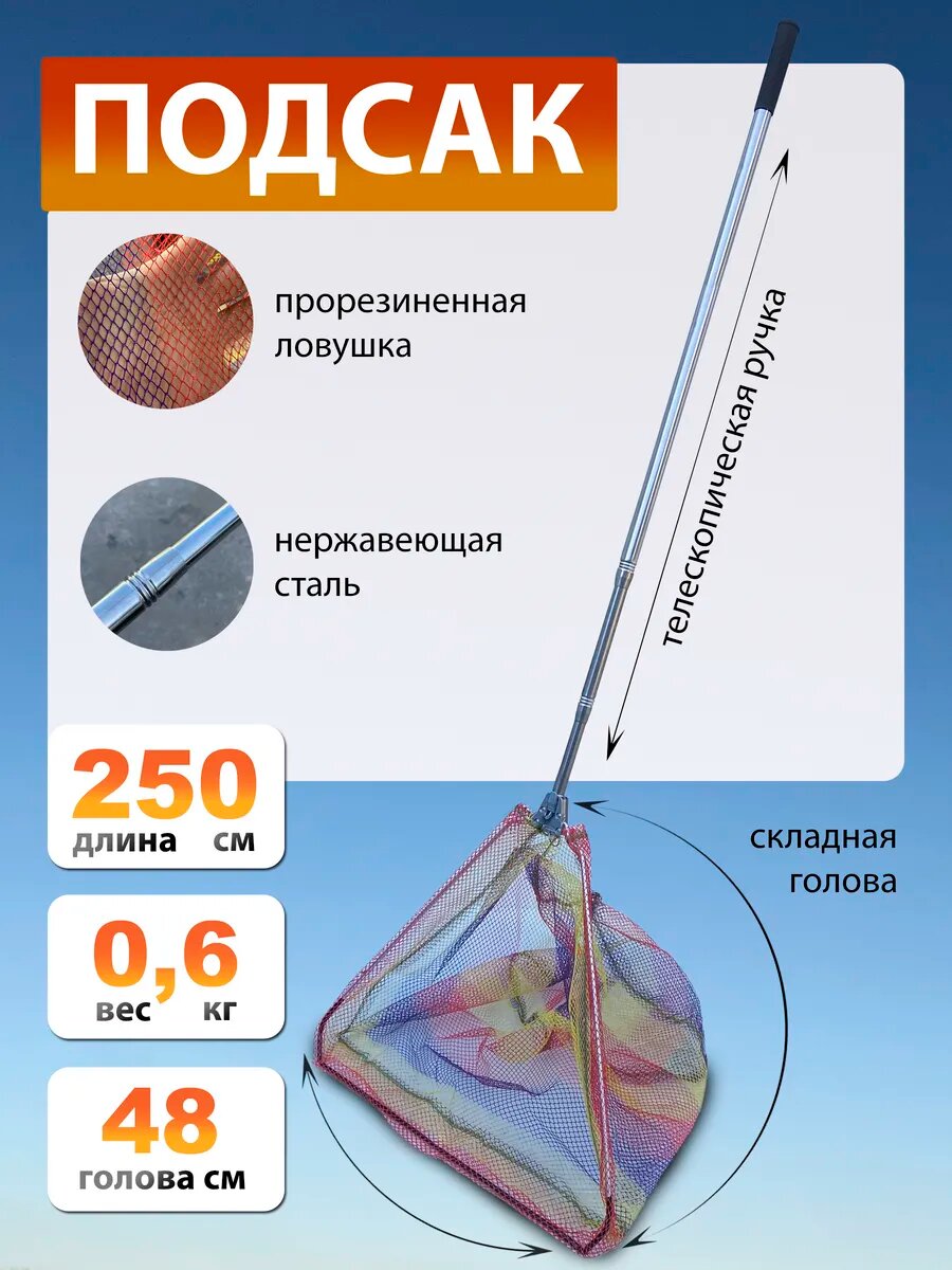 Подсак рыболовный, прорезиненный , складной, телескопическая ручка