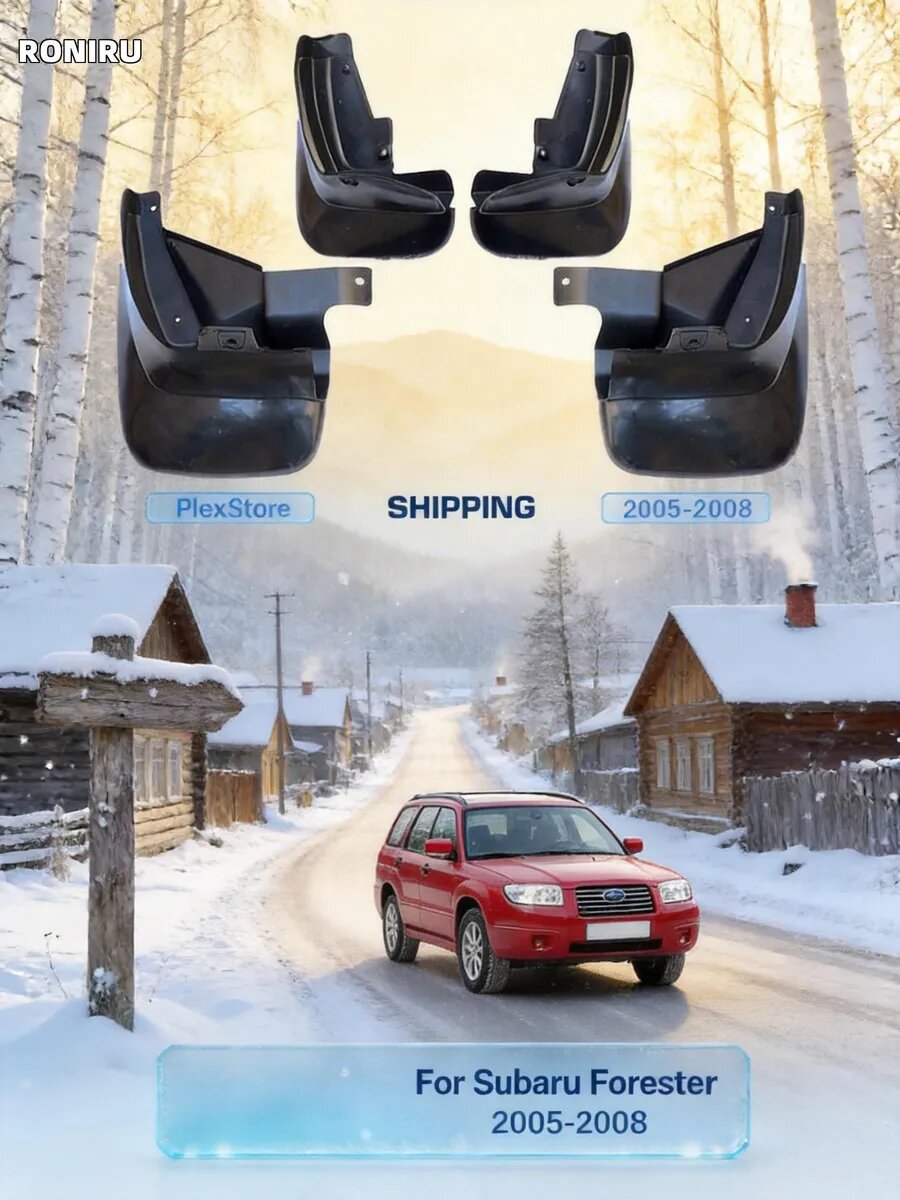 Для защиты кузова и порогов — брызговики GREATROAD для Subaru Forester 2005-2008, комплект 4 шт, ABS, с крепежом