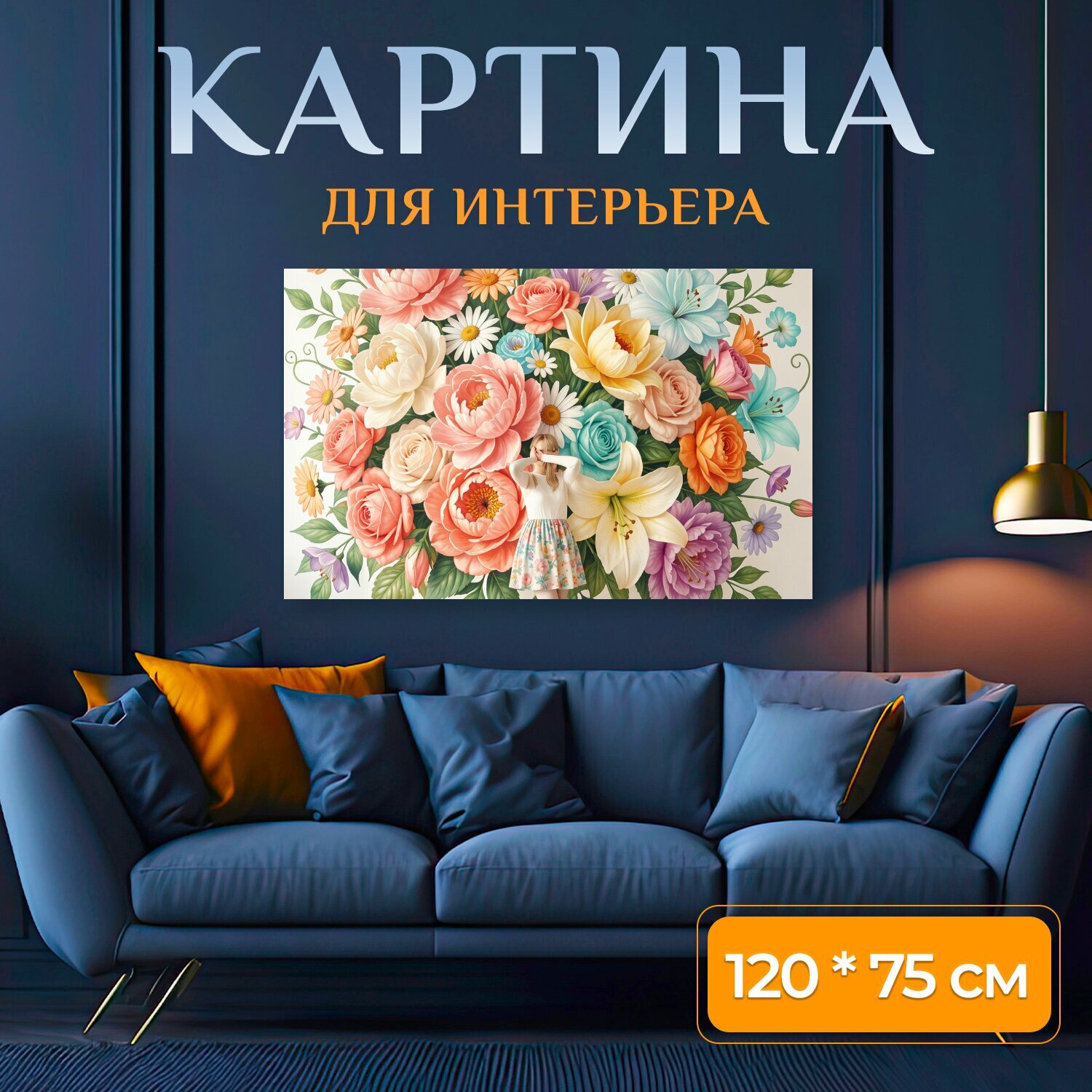 Картина на холсте "Девушка среди ярких цветов. Нежная интерьерная композиция с девушкой у роскошной цветочной стены: пионы, лилии, розы." на подрамнике 120х75 см. для интерьера