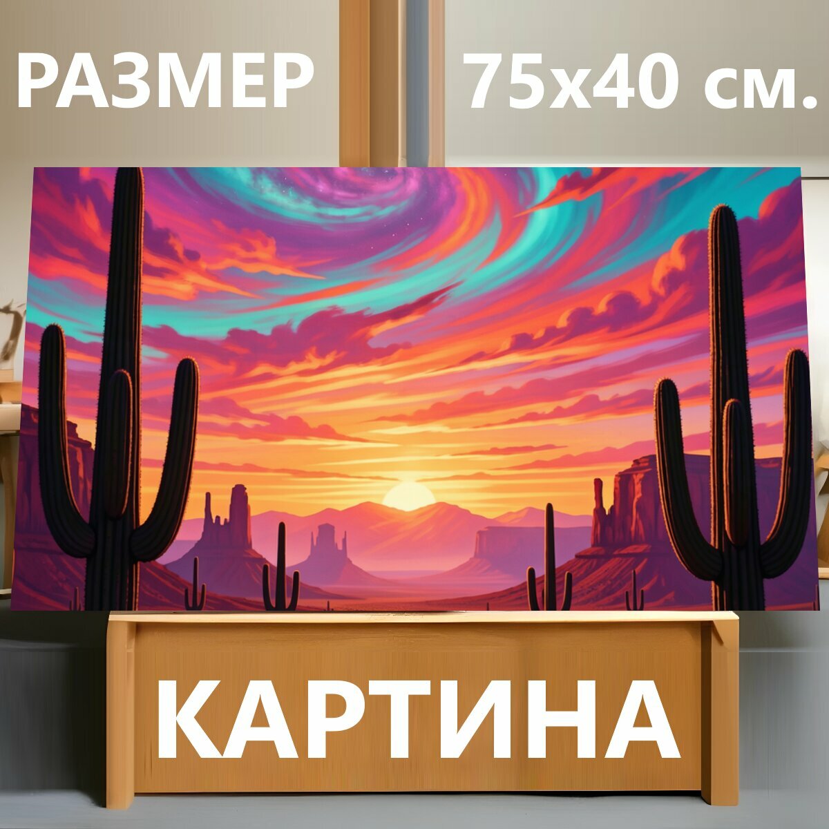 Картина на холсте "Пустынный пейзаж с кактусами. Фантазийный закат над аридной долиной: высокие столбовидные суккуленты, красные пески, силуэты." на подрамнике 75х40 см. для интерьера