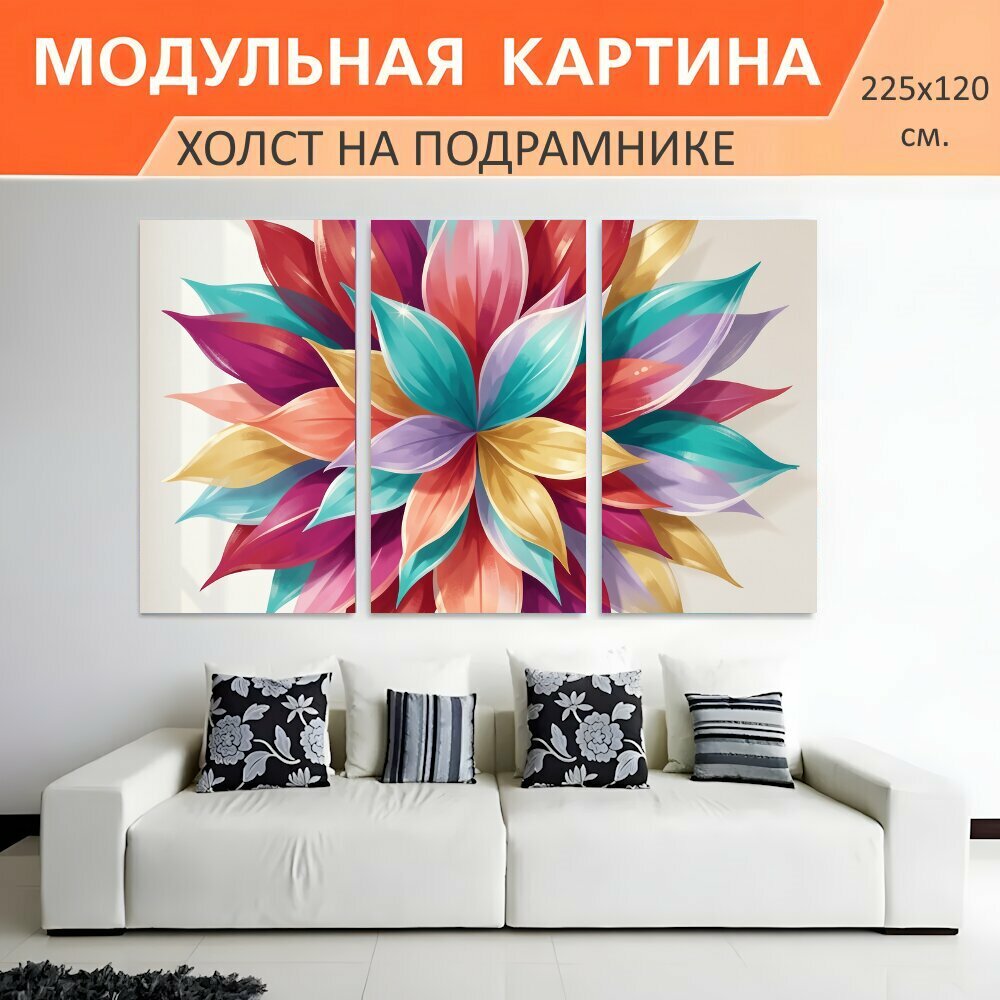 Модульная картина на холсте "Яркий абстрактный цветок. Многослойный фантазийный бутон в неоновых оттенках бирюзы, фуксии, лилового." триптих на подрамнике 225х120 см. для интерьера