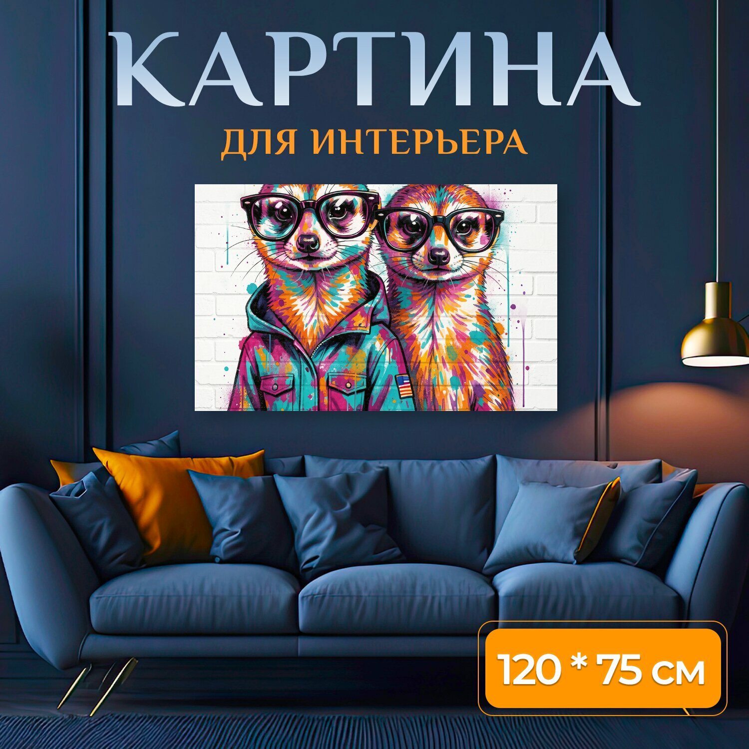 Картина на холсте "Два суриката в очках. Яркая поп-арт иллюстрация с двумя сурикатами в стильных очках и джинсовой одежде на фоне белой." на подрамнике 120х75 см. для интерьера
