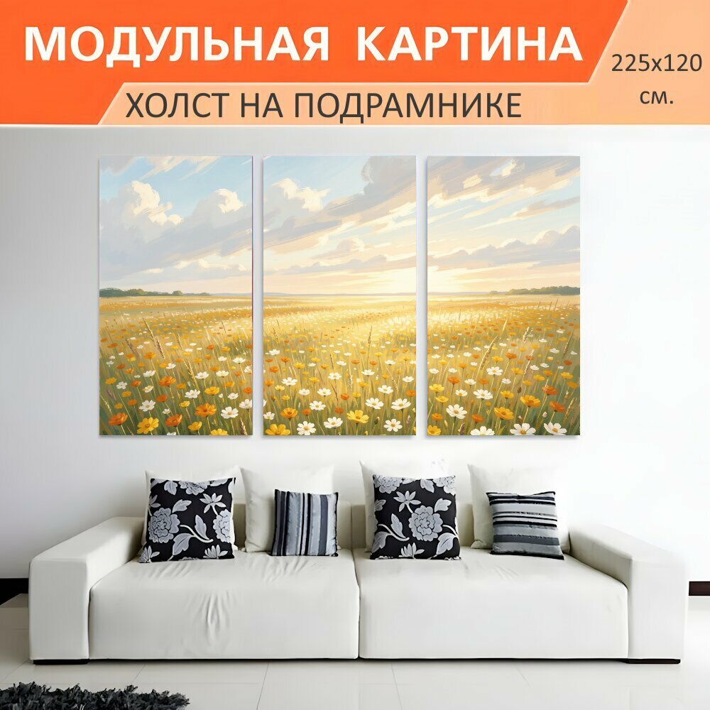 Модульная картина на холсте "Цветущее поле под вечерним небом. Живописный летний луг с множеством ромашек и оранжево-желтых цветов." триптих на подрамнике 225х120 см. для интерьера