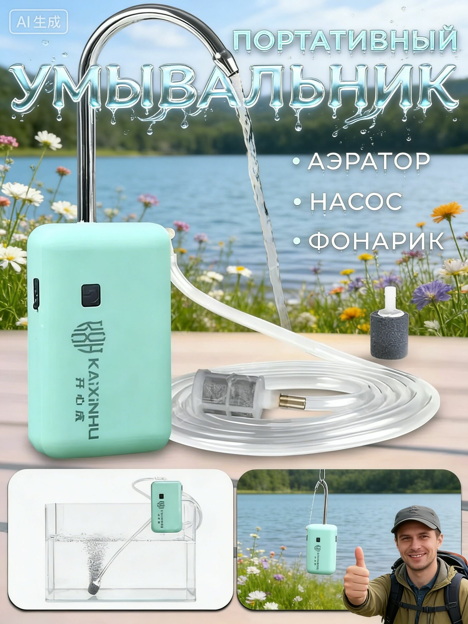 Переносной уличный умывальник, походный насос, с фонариком/Используется для добычи воды для выживания на открытом воздухе