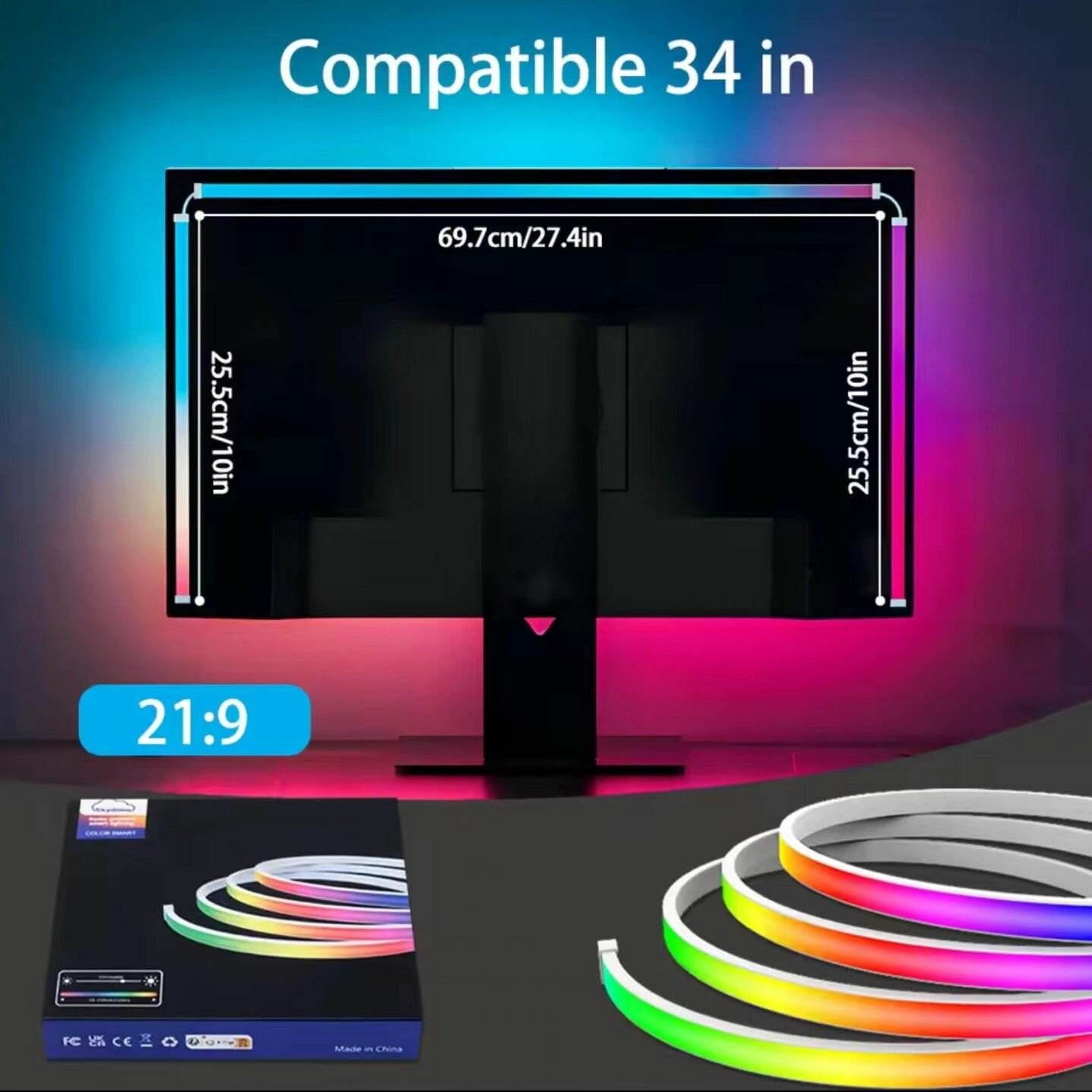 Умный погружной RGB компьютерный монитор для синхронизации светодиодной ленты, 34-дюймовая подсветка для ПК, Звукосниматель ритма для декора игровой комнаты, USB-Управление программным обеспечением