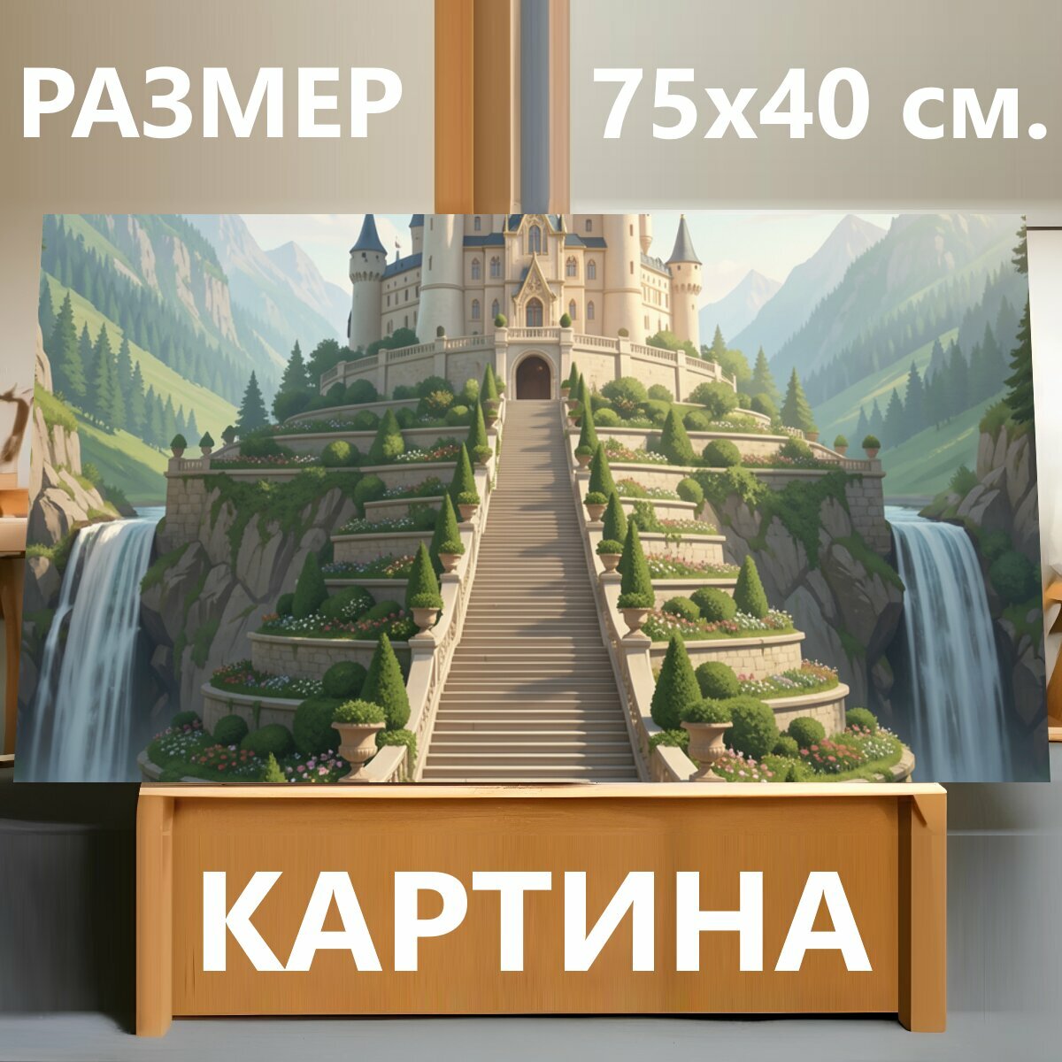 Картина на холсте "Сказочный замок в горах. Эпичный дворец с башнями на высокой скале, длинная лестница, каскадные водопады и ухоженные террасы." на подрамнике 75х40 см. для интерьера