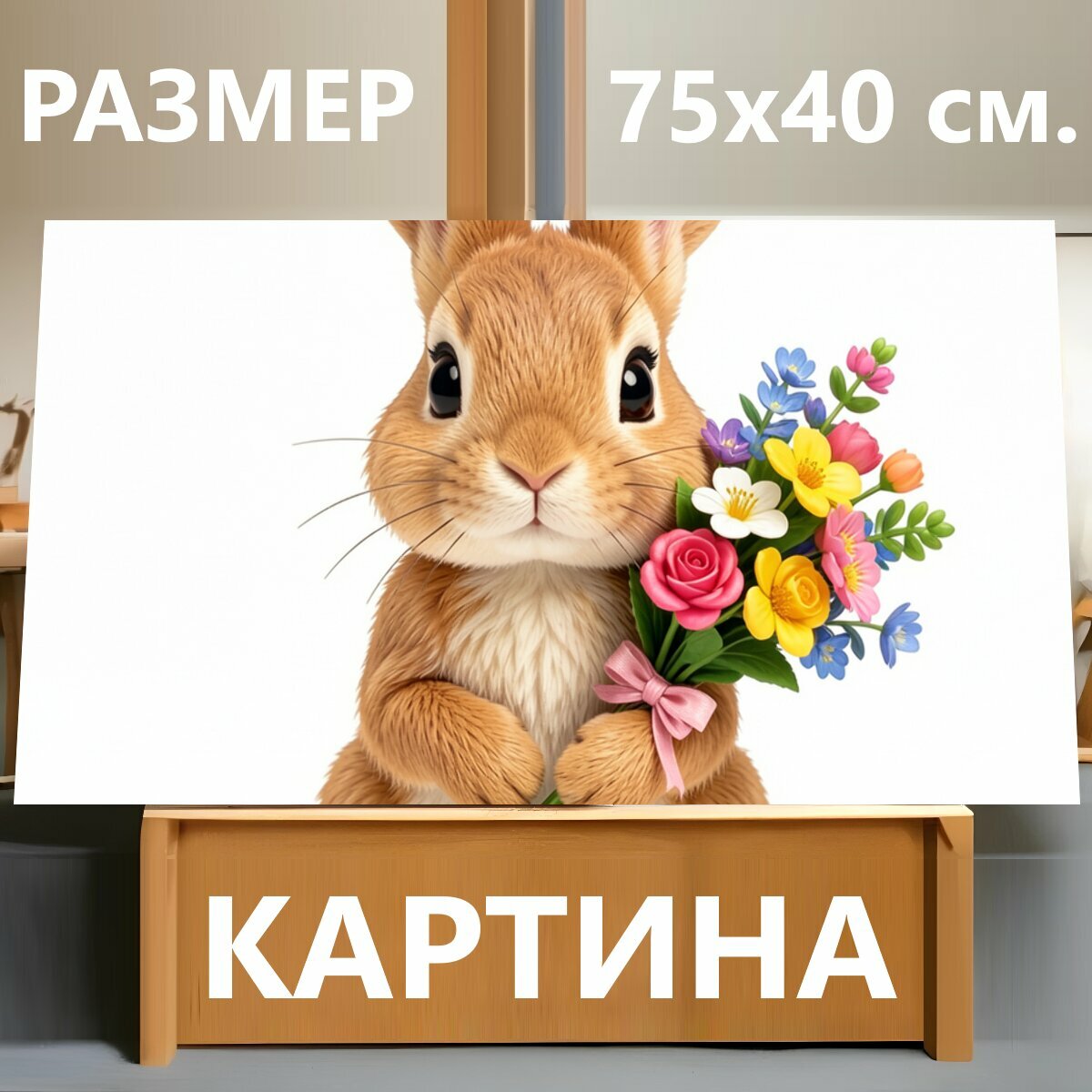 Картина на холсте "Зайчик игрушечный, с букетом цветов, реалистичный стиль, детализированное рисование, яркие цвета" на подрамнике 75х40 см. для интерьера