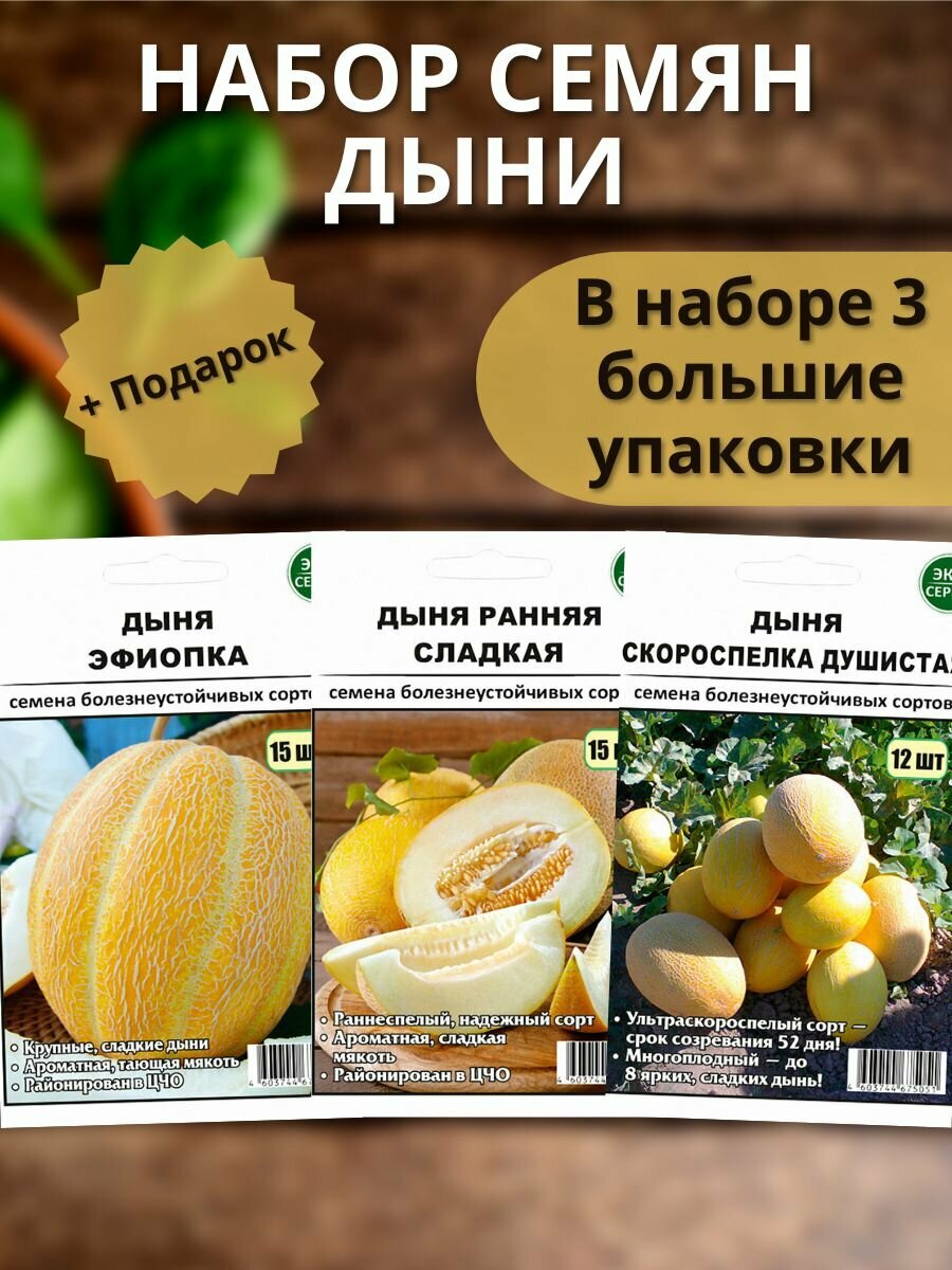 Семена дыни Агробиоцентр "Эфиопка", "Ранняя сладкая", "Скороспелка душистая", 3 уп.