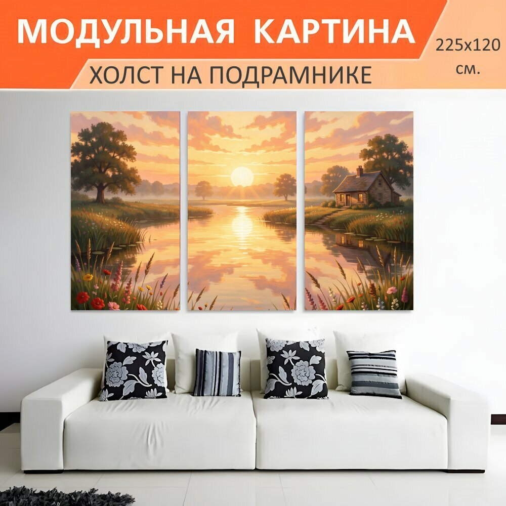 Модульная картина на холсте "Закат над тихой рекой. Лиричный сельский пейзаж с отражением солнца в воде, уютным домиком у берега." триптих на подрамнике 225х120 см. для интерьера