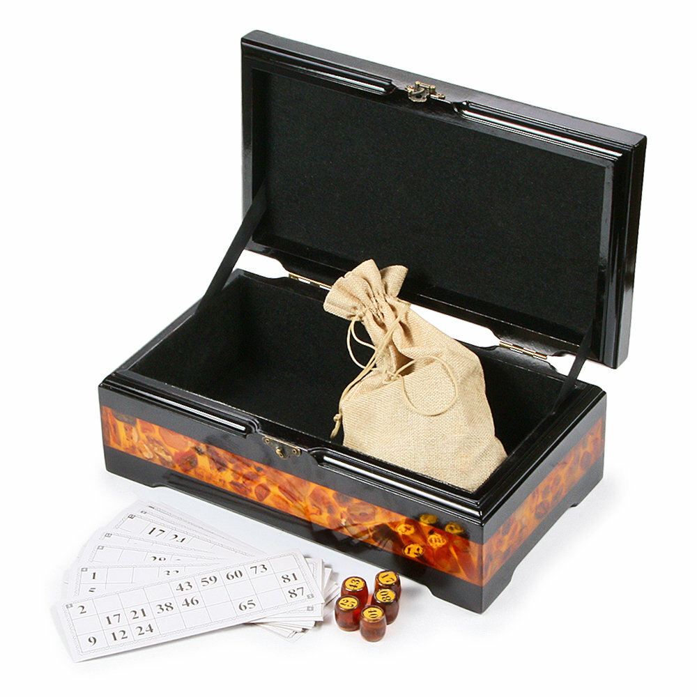 Янтарное лото с бочонками в деревянном ларце, украшенным натуральным янтарем