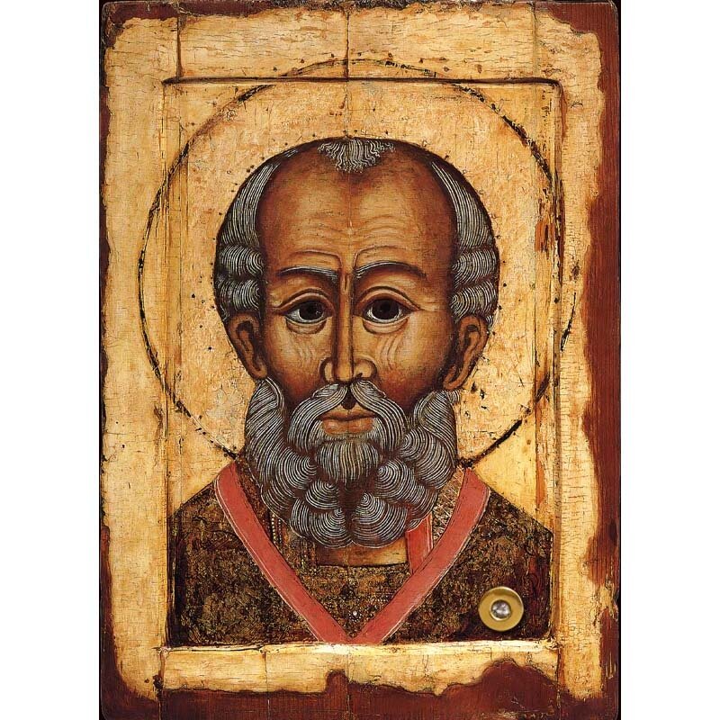 Николай Угодник Мирликийский Святитель Чудотворец. Копия старинной иконы на доске с мощевиком. (13,5 х 18,5 см / На иконной доске. / 18,5)