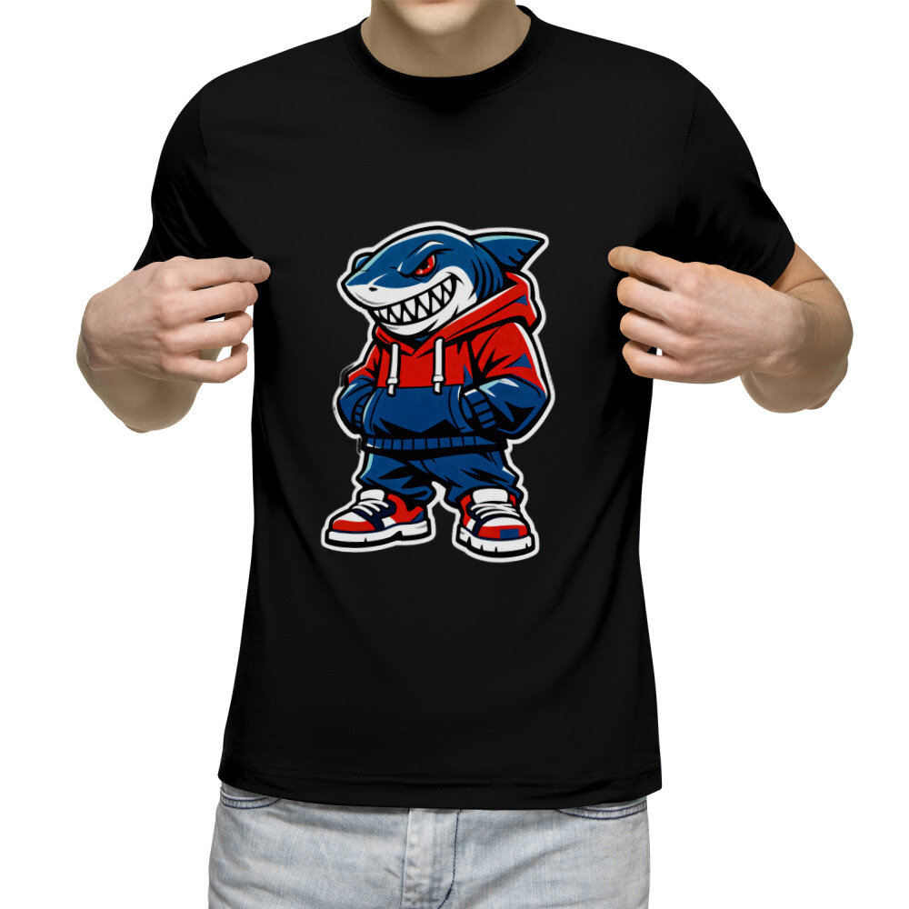 Мужская футболка «Street Shark крутая акула в худи» (черный, 2XL)