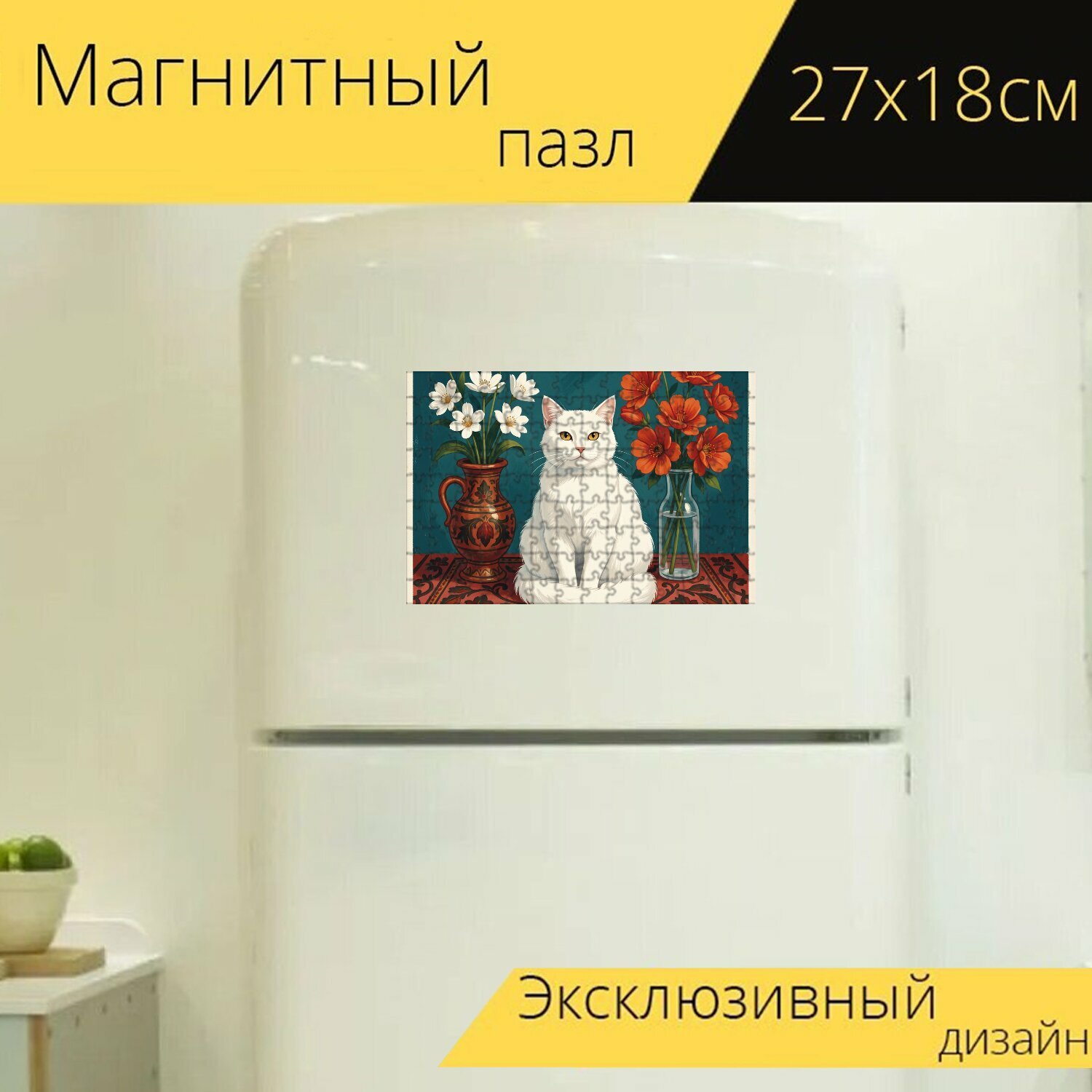 Магнитный пазл "Белый кот с цветами. Пушистый светлый кот сидит между букетами белых и оранжево-красных цветов в декоративных вазах. Насыщенные бирюзовые." на холодильник 27 x 18 см.