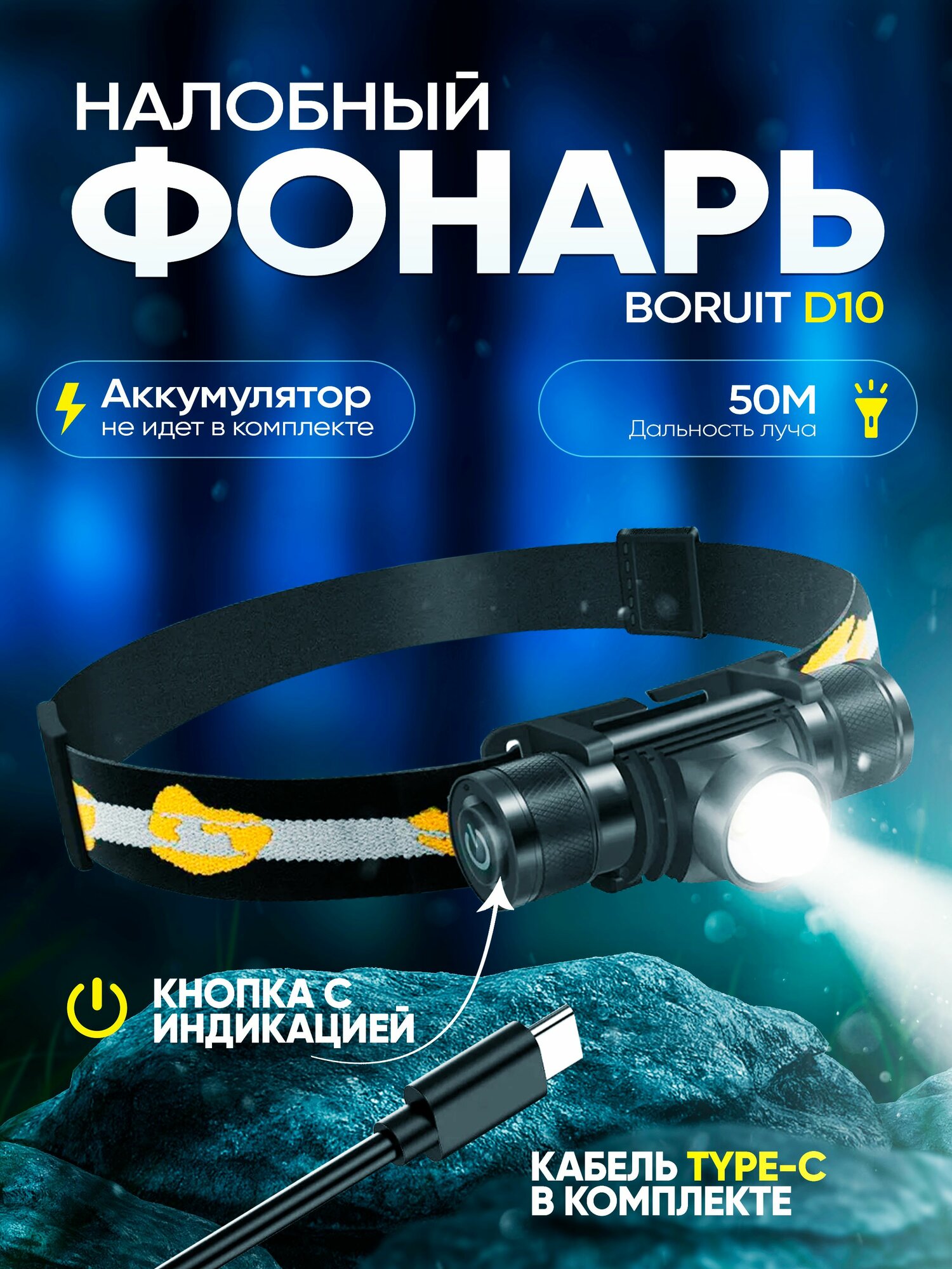 Светодиодный налобный фонарь BORUiT D10 Type-C зарядное (без аккумулятора)