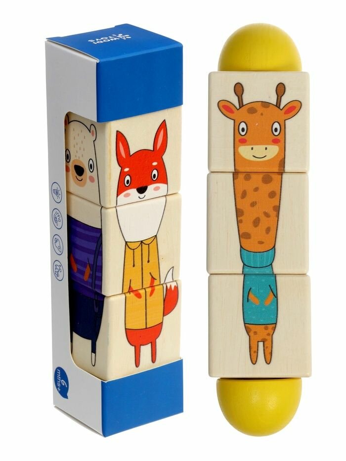 Кубики деревянные КНР На оси "Животные", 3 элемента, натуральное дерево