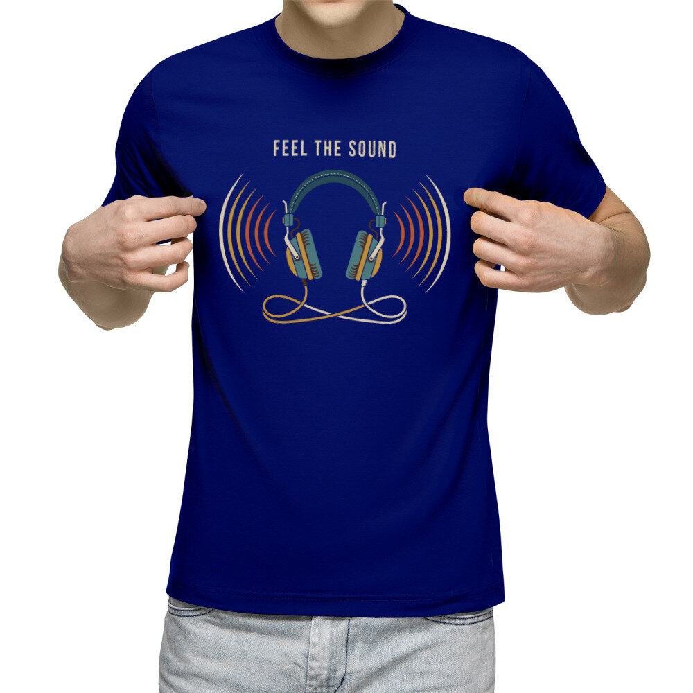 Мужская футболка «Feel the sound наушники музыка ретро стиль» (синий, S)
