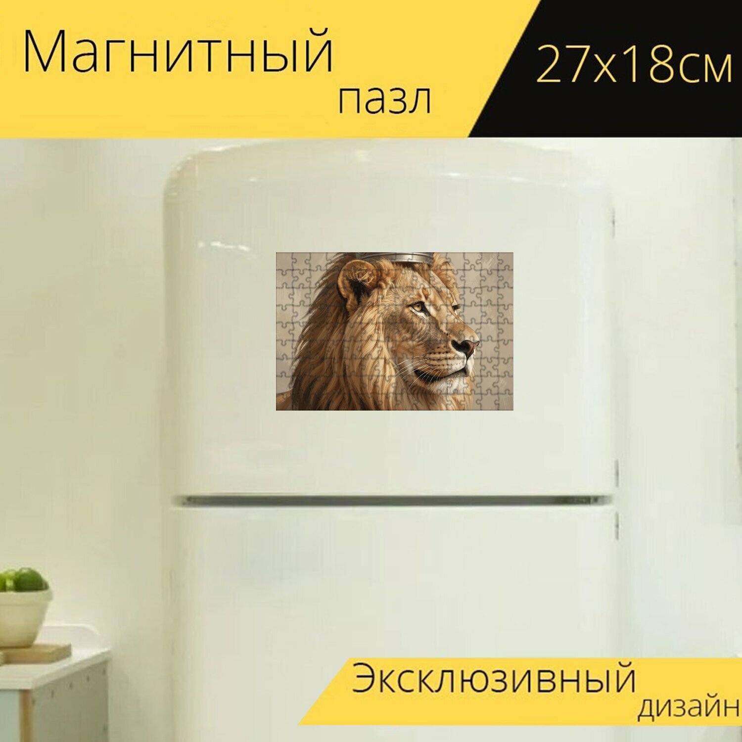 Магнитный пазл "Лев в короне на нейтральном фоне. Царственный хищник с густой гривой и серебряным венцом, выполненный в реалистичной живописи. Теплые." на холодильник 27 x 18 см.