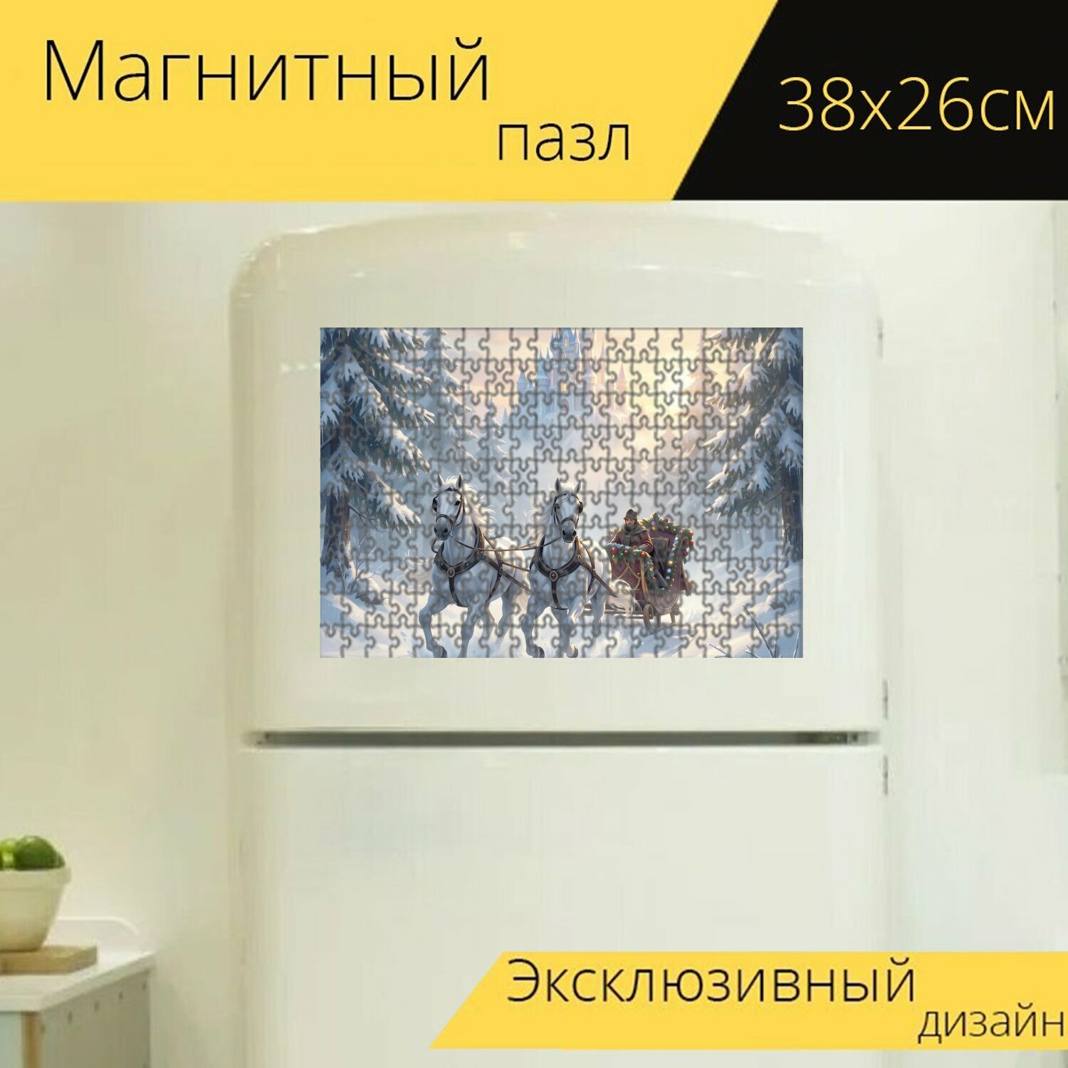Магнитный пазл "Зимняя сказка с белыми конями. Снежный лес, парящая над холмами башенная резиденция и запряжённые белые скакуны с санями. Волшебная." для интерьера, 38х26 см.