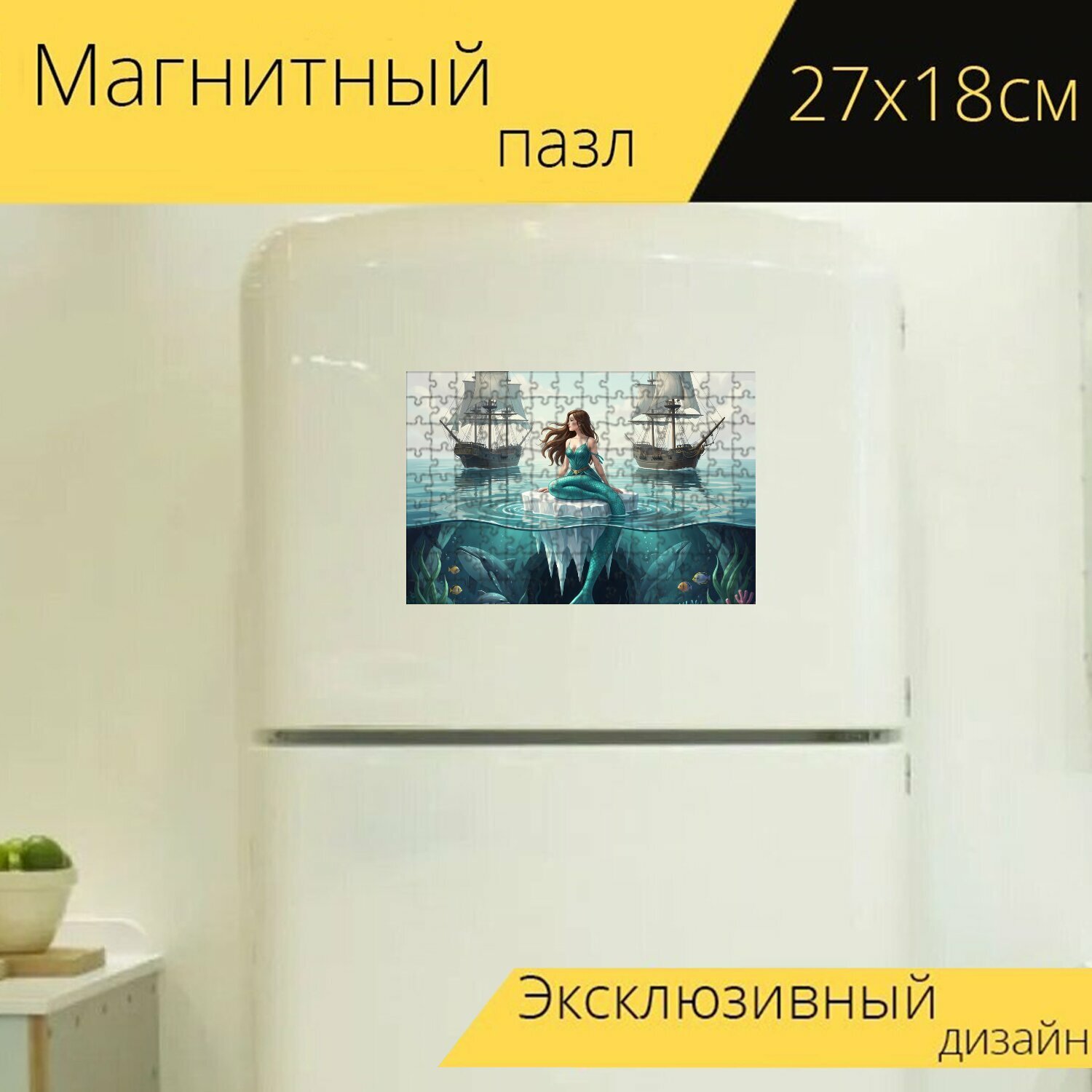Магнитный пазл "Русалка на льдине у кораблей. Фэнтезийная морская сцена: девушка с бирюзовым хвостом сидит среди спокойной воды, рядом парусники, под." на холодильник 27 x 18 см.