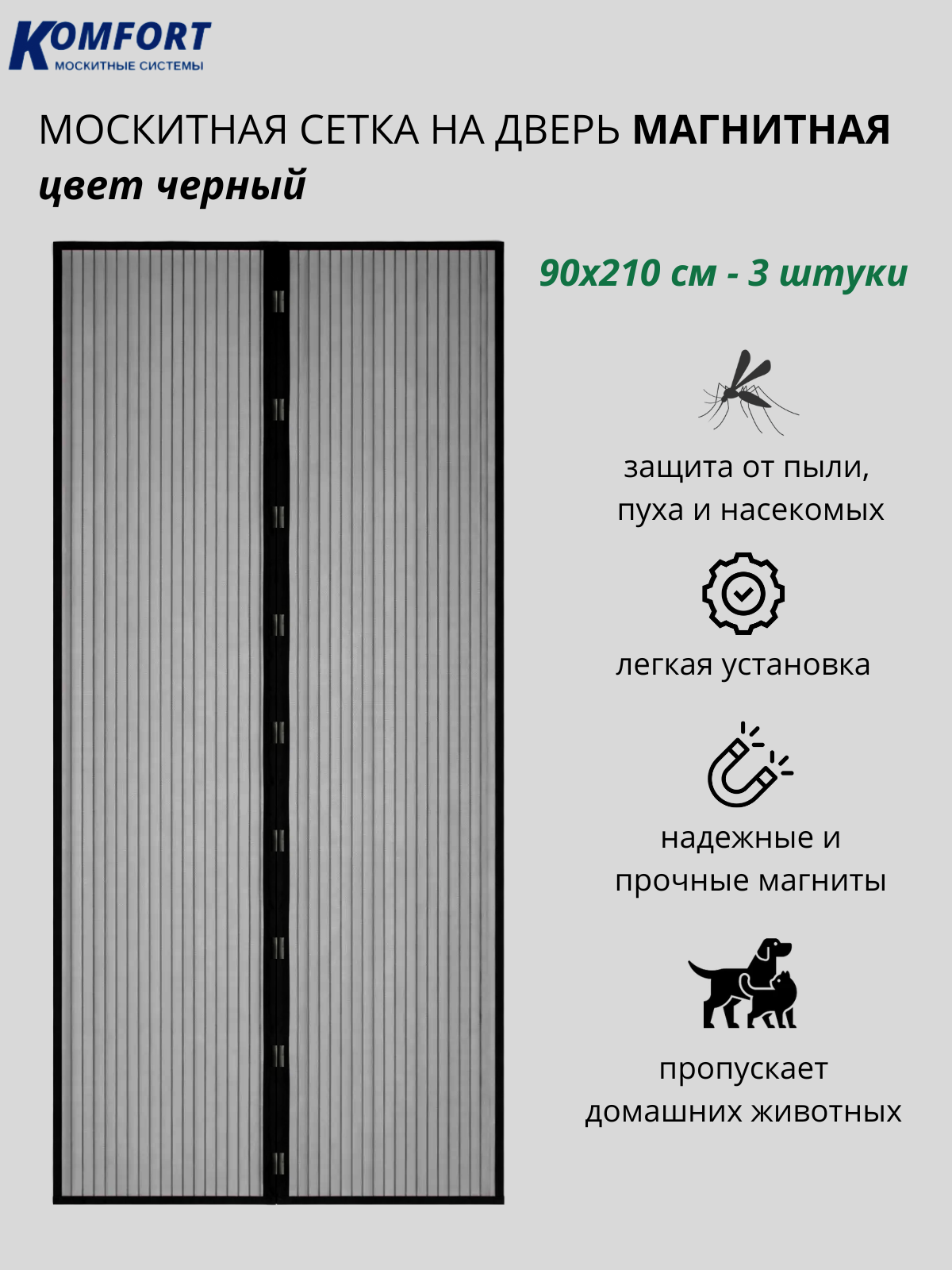 Москитная сетка занавес на дверь магнитная 90*210 см черная 3 шт