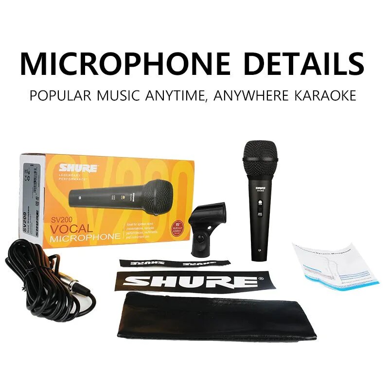 Микрофон для живого вокала shure MICSV200-1 Профессиональный кабельный микрофон, для систем громкости живых выступлений, записи домашнего голоса или музыкальных инструментов и караоке, черный