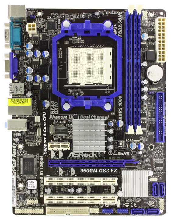 Материнская плата S-AM3+ ASRock 960GM-GS3 FX, AMD760G/SVGA/DDR3/SATA/Sb/Lan/mATX