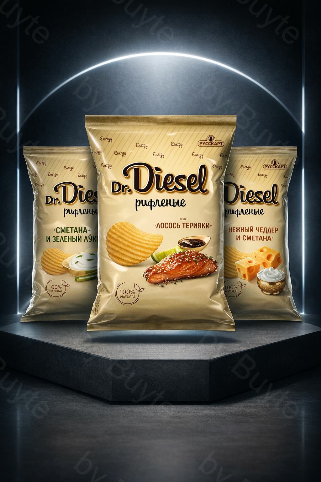 Чипсы картофельные DR. DIESEL/Рифлёные, Мега-комбо/ Cметана и зеленый лук/Лосось терияки/Нежный чеддер и сметана, 3 по 120г