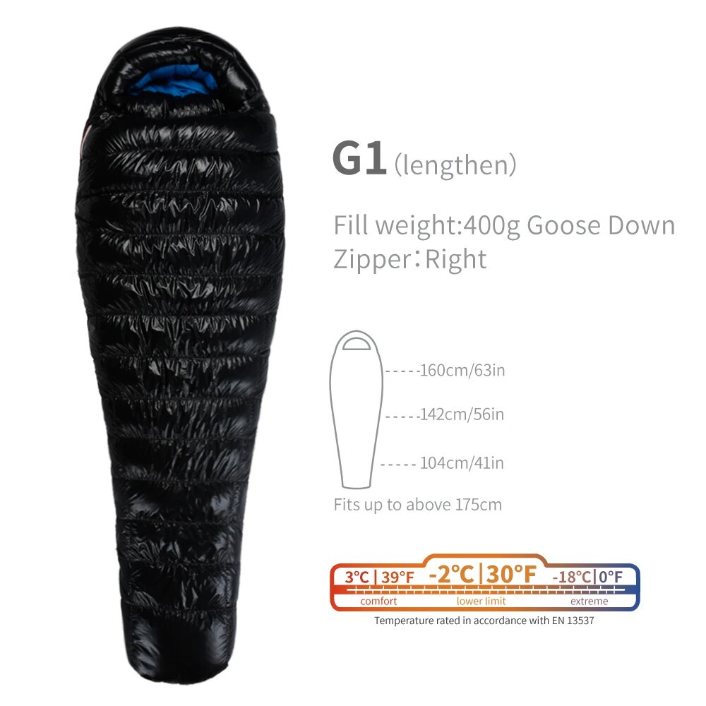 Спальный мешок с пухом AEGISMAX G1-G5 Series 800FP ультралегкий для мужчины и женщины, для отдыха и походов - G1-черный-длинный.