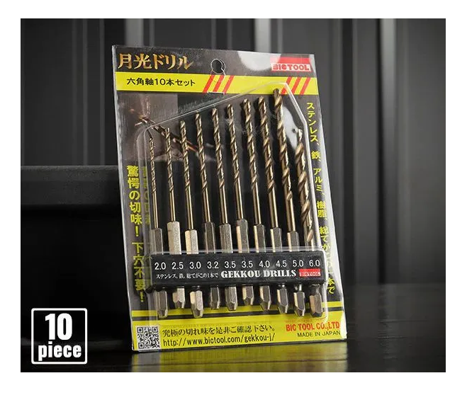 Сделано в Японии. Набор сверл по металлу BIC TOOL 6GK-10P HSS, шестигранный хвостовик, GEKKOU DRILL