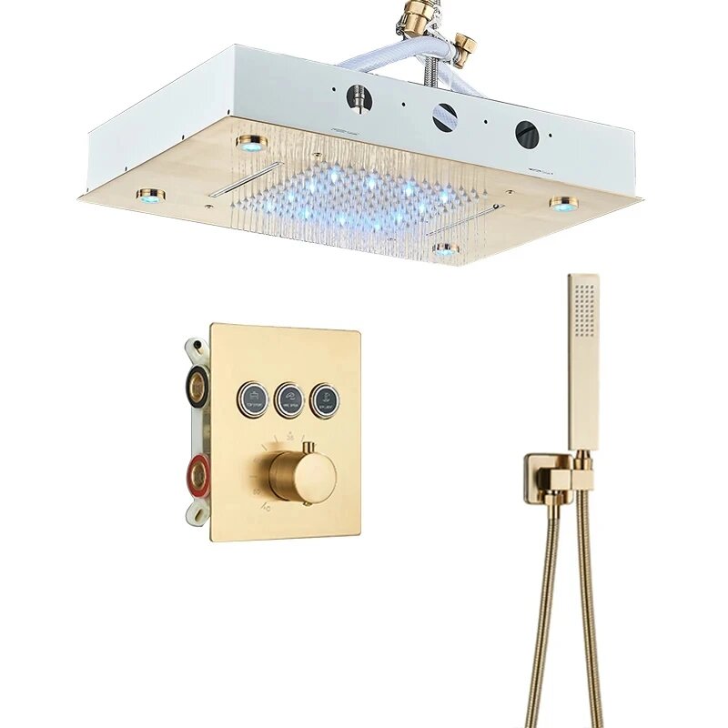 Душевой розетка потолочная с LED-осветкой 36*50 см Большой дождевой кран Ванна кран Стальной умный квадратный распылитель-Матовый золото C
