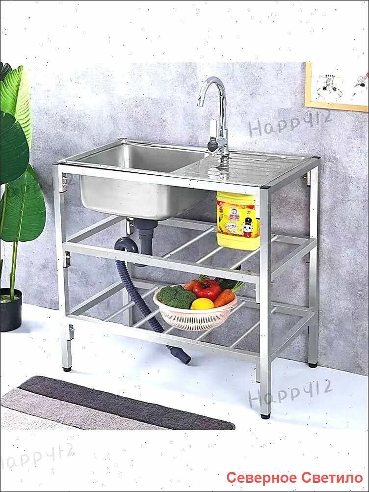 Садовая кухня из нержавеющей стали (76х43х78 см): уличная мойка с двойными полками для дачи и двора, раковина