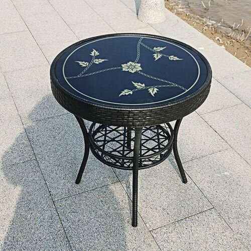 Садовый стол с круглой столешницей из закаленного стекла и ротанговым плетением для сада, балкона и отдыха