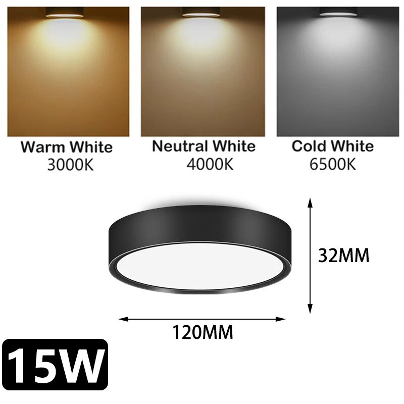 CANMEIJIA Потолочный светодиодный светильник 220V White body, Round 15W C, Warm White 3000K