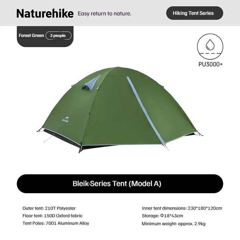 Палатка для кемпинга Naturehike Bleik 210T двойного слоя, водонепроницаемая, для 1, 2, 3 человек, для походов, велосипедных путешествий, 2 двери, канаоп, портативная, Tent-A-Green-3 Person