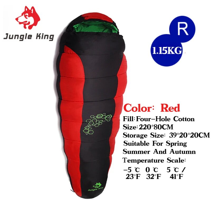 Спальный мешок для кемпинга JUNGLE KING CY0901 RL Легкий водонепроницаемый 4-сезонный теплый хлопковый для походов и путешествий-Красный Правое 1.15 кг