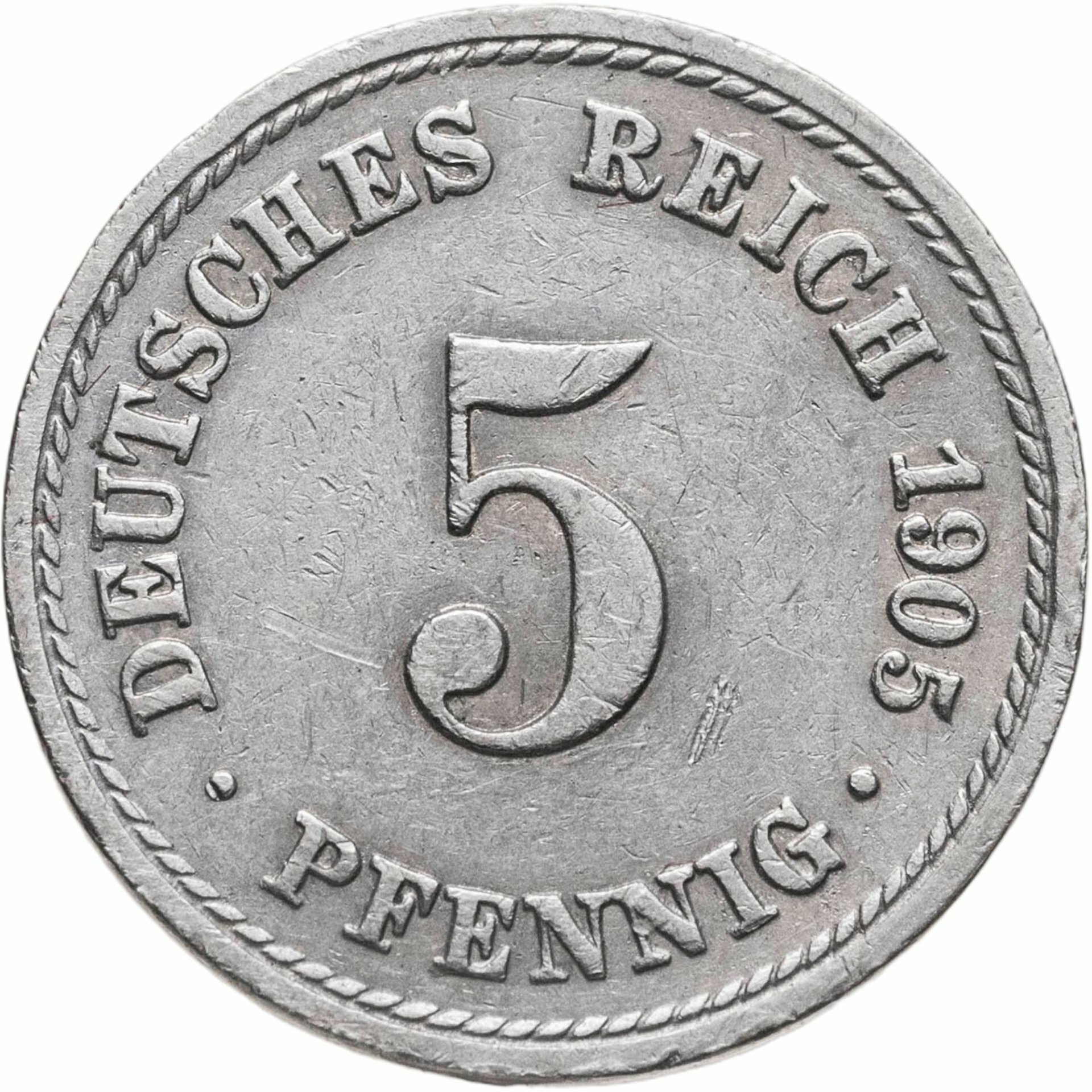 Германия 5 пфеннигов pfennig 1905 A знак монетного двора: "A" - Берлин, Мельхиор медь-никель, в сохранности XF