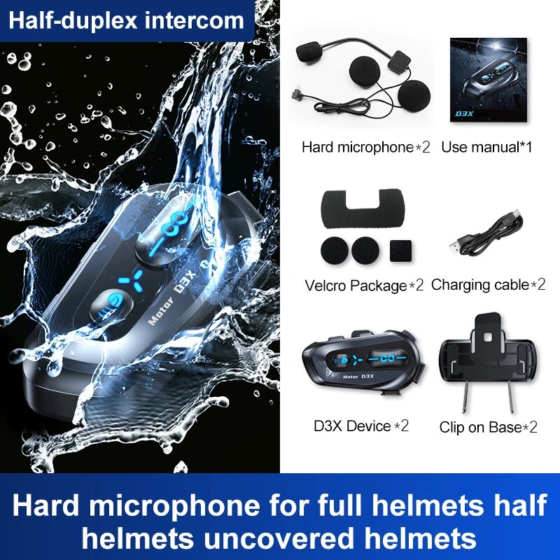 Bluetooth-гарнитура D3X для мотошлемов, водонепроницаемая, 2шт