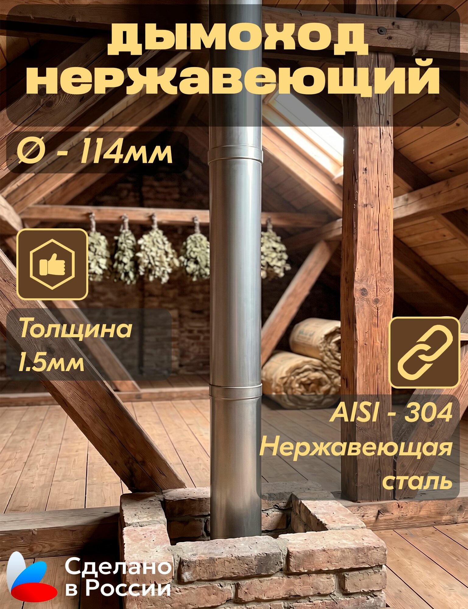 Труба для дымохода одностенная D115 мм, длина 1 метр, AISI 304, толщина стенки 1.5 мм