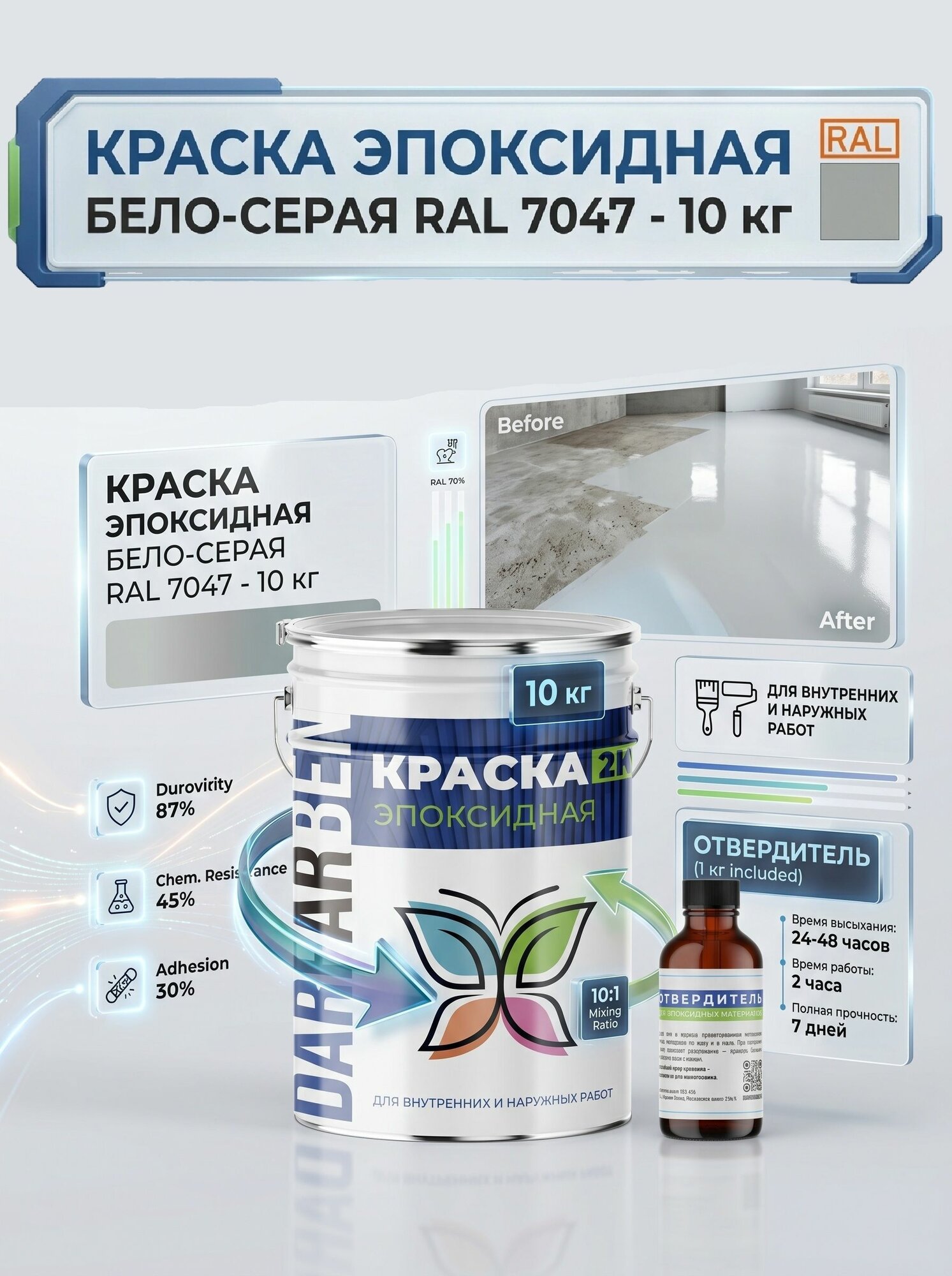 Краска эпоксидная для бетона, металла, дерева бело-серая DARFARBEN 10 кг