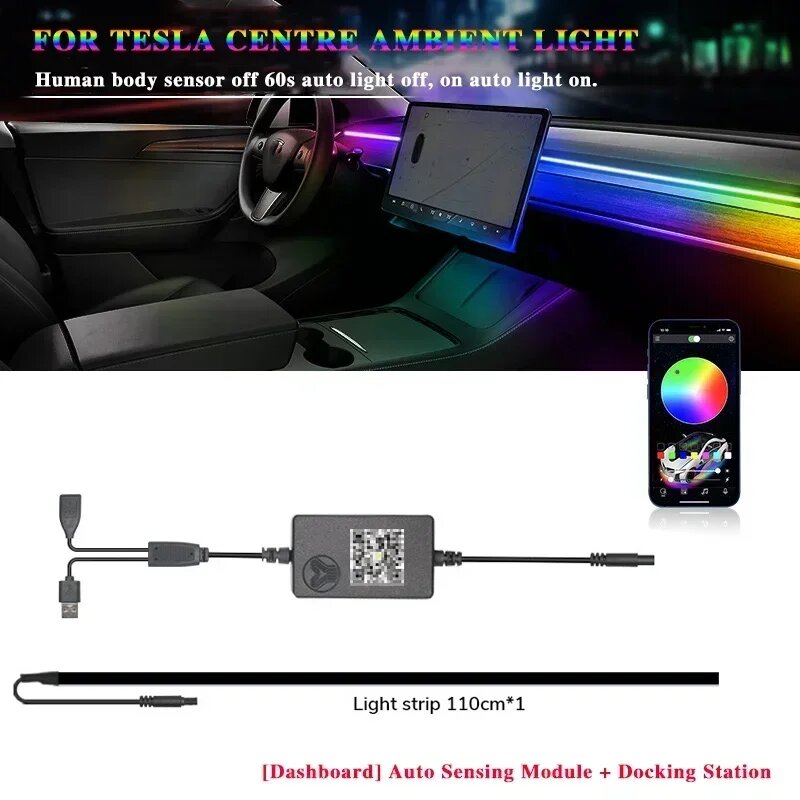 Для Tesla Model 3/Y 2 в 1, динамическое неоновое RGB автомобильное светодиодное окружающее освещение, 60 s, модуль автоматического выключения, освещение приборной панели, декоративная лампа