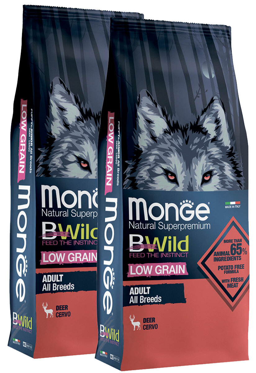 Корм сухой Monge Bwild Low Grain Dog Adult All Breeds Deer Cervo низкозерновой для взрослых собак всех пород, оленина, 12 кг 2 шт