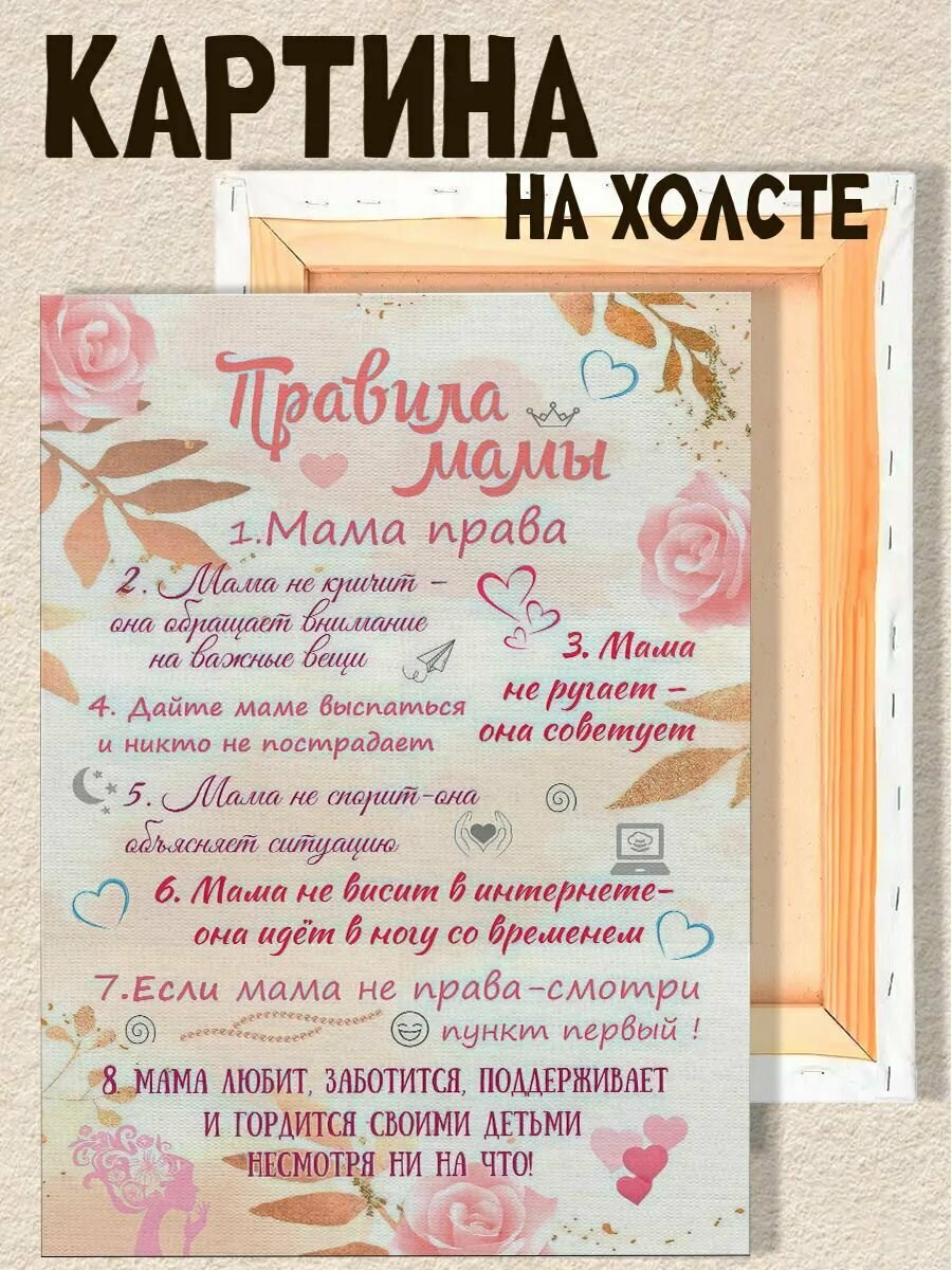 Картина на стену Правила мамы и папы, на подрамнике, 1шт, 38х25 размер.