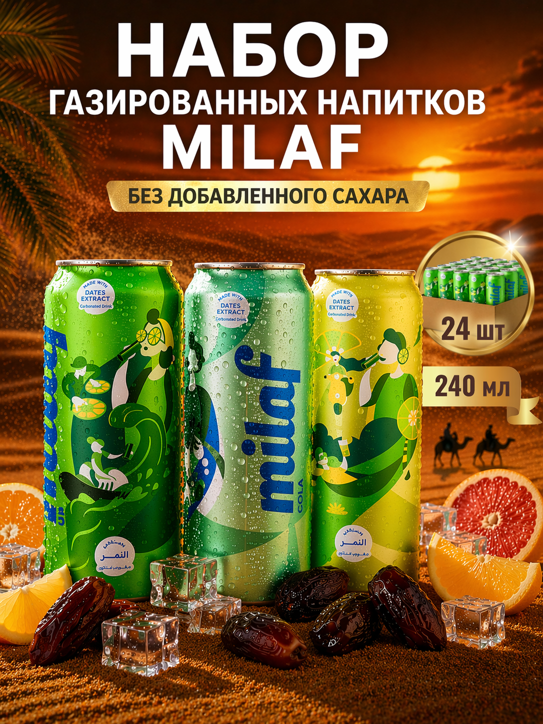 Набор газированных напитков Milaf Mix Cola・UP・Loumi, без сахара, с экстрактом фиников, 240 мл, 24 шт