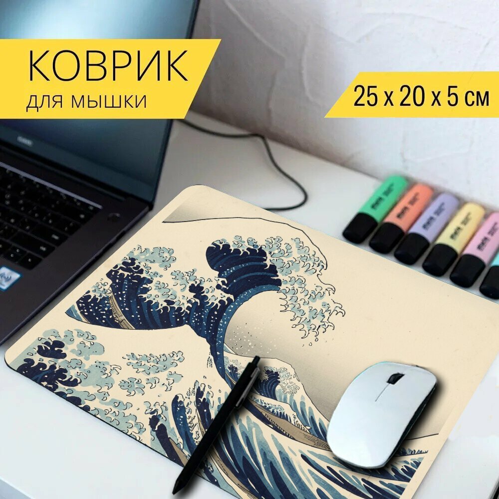 Коврик для мыши с принтом "Японская волна в море. Динамичный морской мотив в японском стиле: огромные сине-голубые гребни, брызги и плавные линии на светлом фоне. Спокойная." 25x20см.